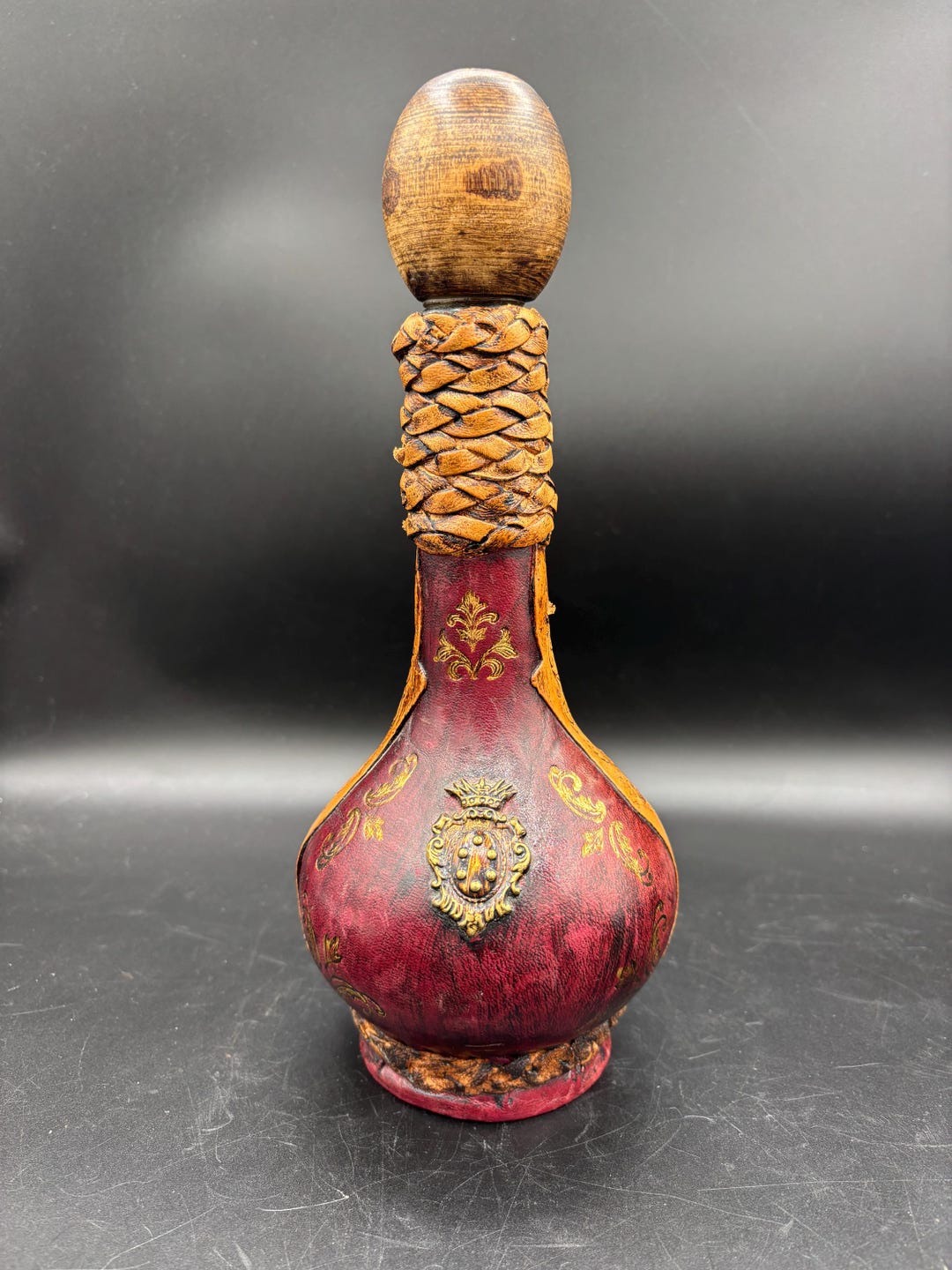 Vintage Italian Leather Wrapped Bottle, Crest, Embossed, Ornate, Made ...