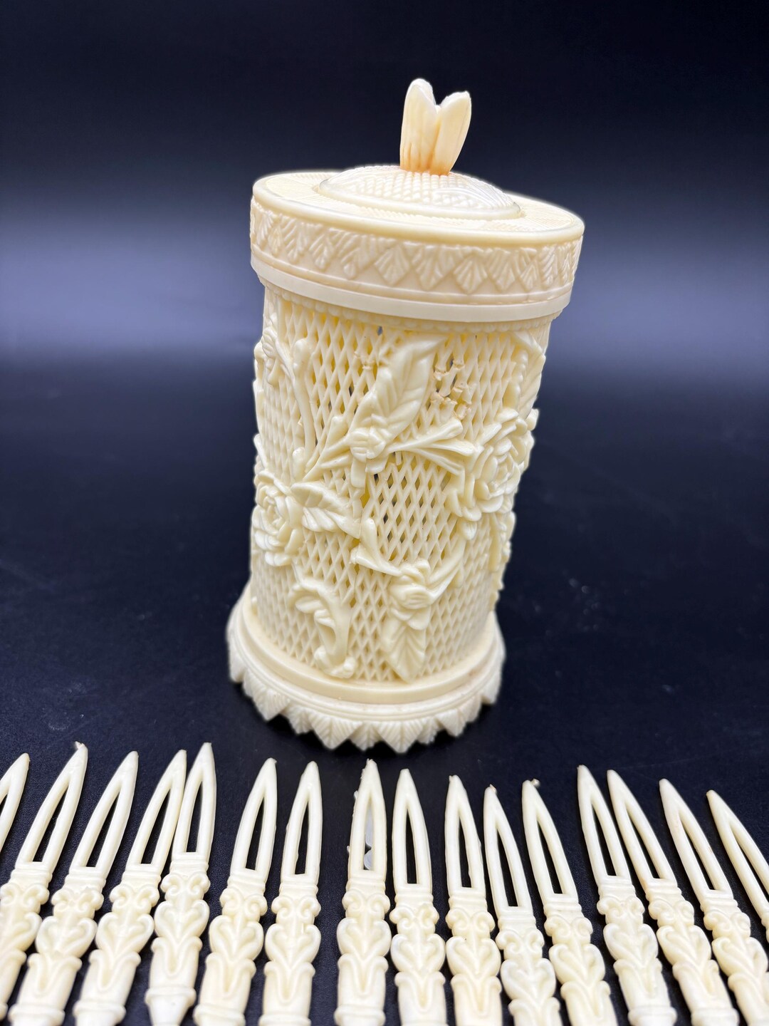 Vintage Faux Ivory Pick, Bar Ware With Holder Flower Plastic Appetizer ...