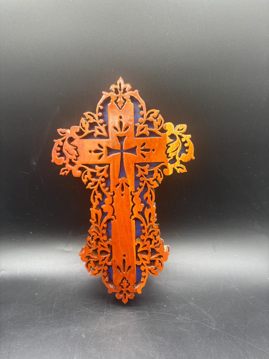 Vintage Ornate, Wooden Cross, Dark Blue Background, Scrolling Details ...