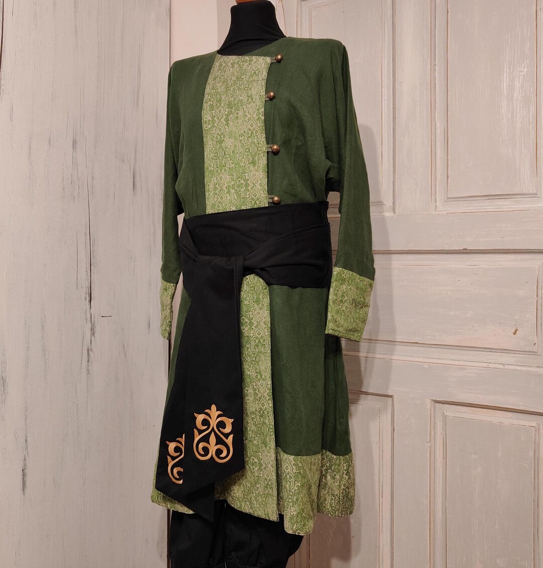 Green Long Sleeve Limited Linen Kaftan - Reenactment, Larp, Fantasy ...