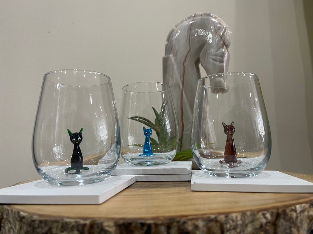 Drinking Glass With Handmade Cat Figurine / Water Glass Cocktail Glass ...