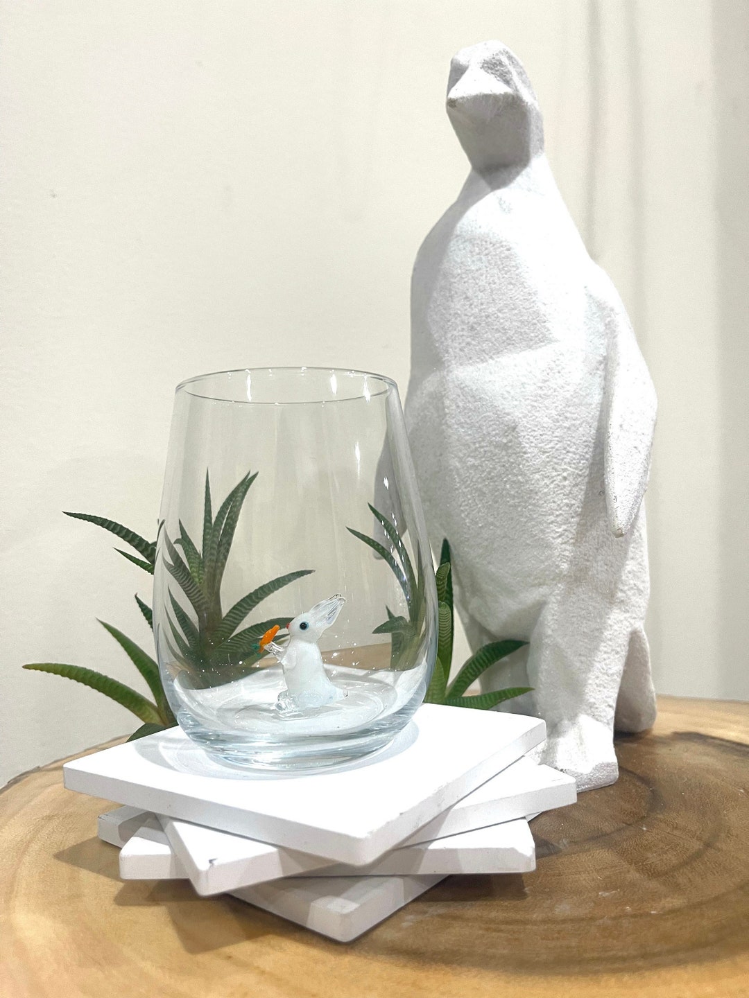 Drinking Glass With Bunny Figurine / Water Glass Cocktail Glass Animal ...