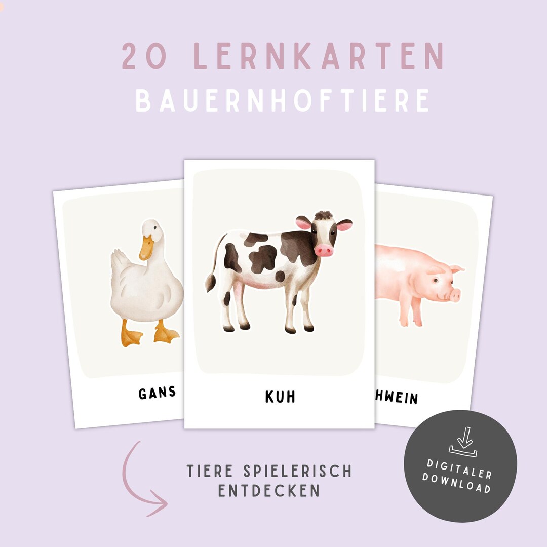 Lernkarten Flashcards Bauernhof Tiere für Kinder - Montessori - 20 x A6 ...