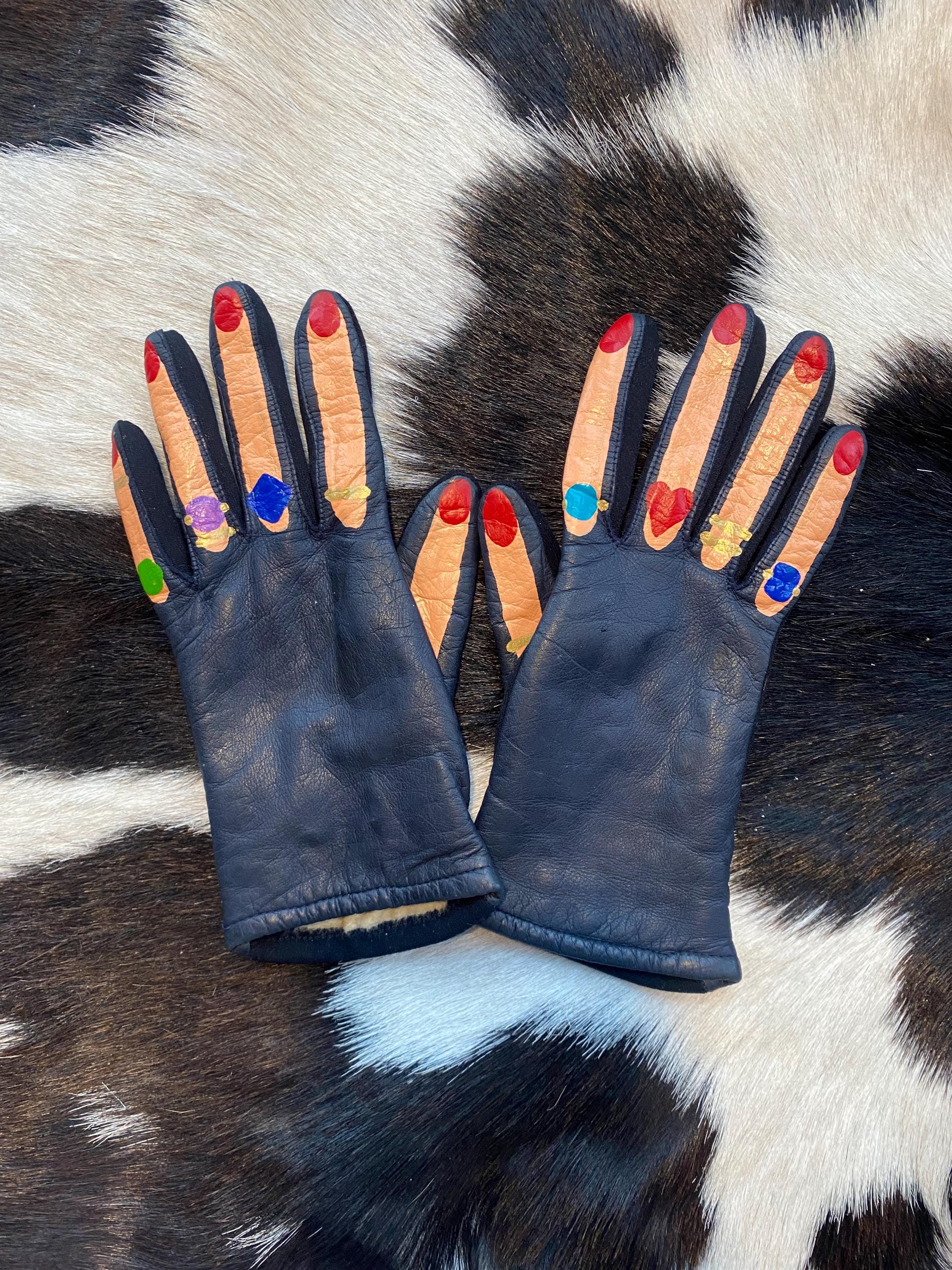 Rings on Fingers Hand Painted Real Leather Vintage Navy Gloves - Etsy