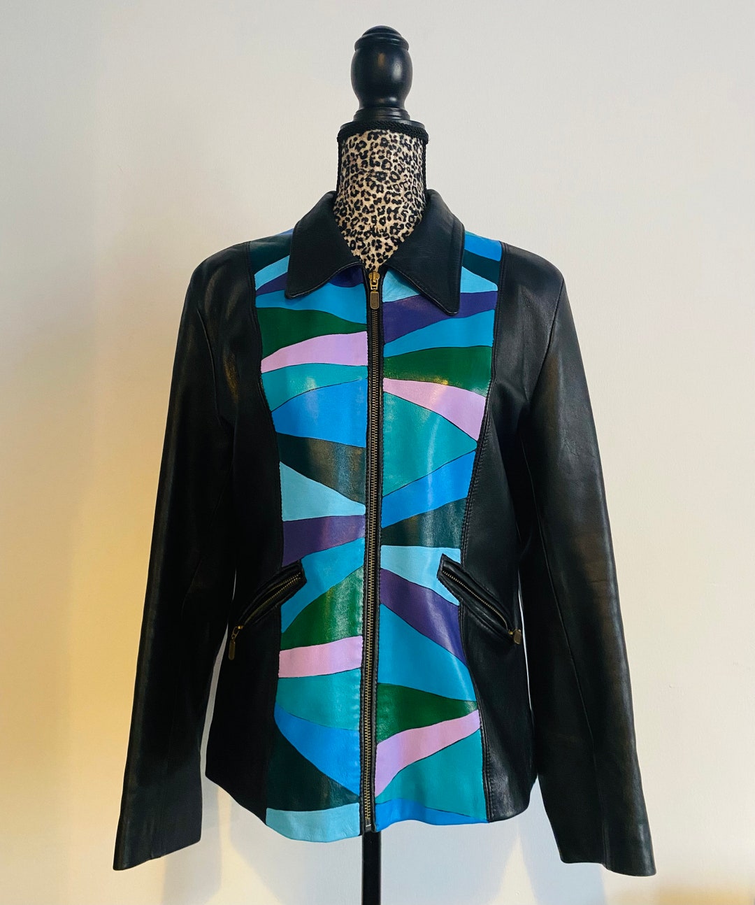 Blue and Green Stain Glass Window Painted Real Leather Jacket - Etsy