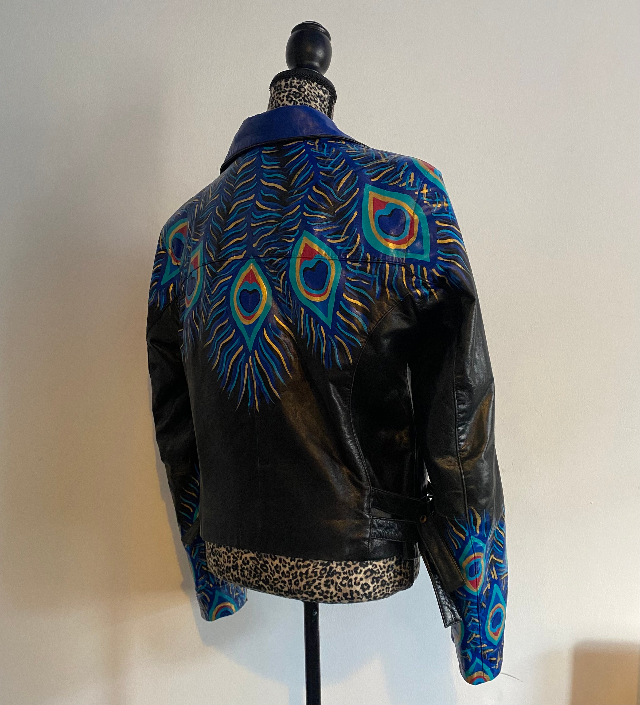 Peacock Feathers Reworked Vintage Leather Biker Jacket - Etsy
