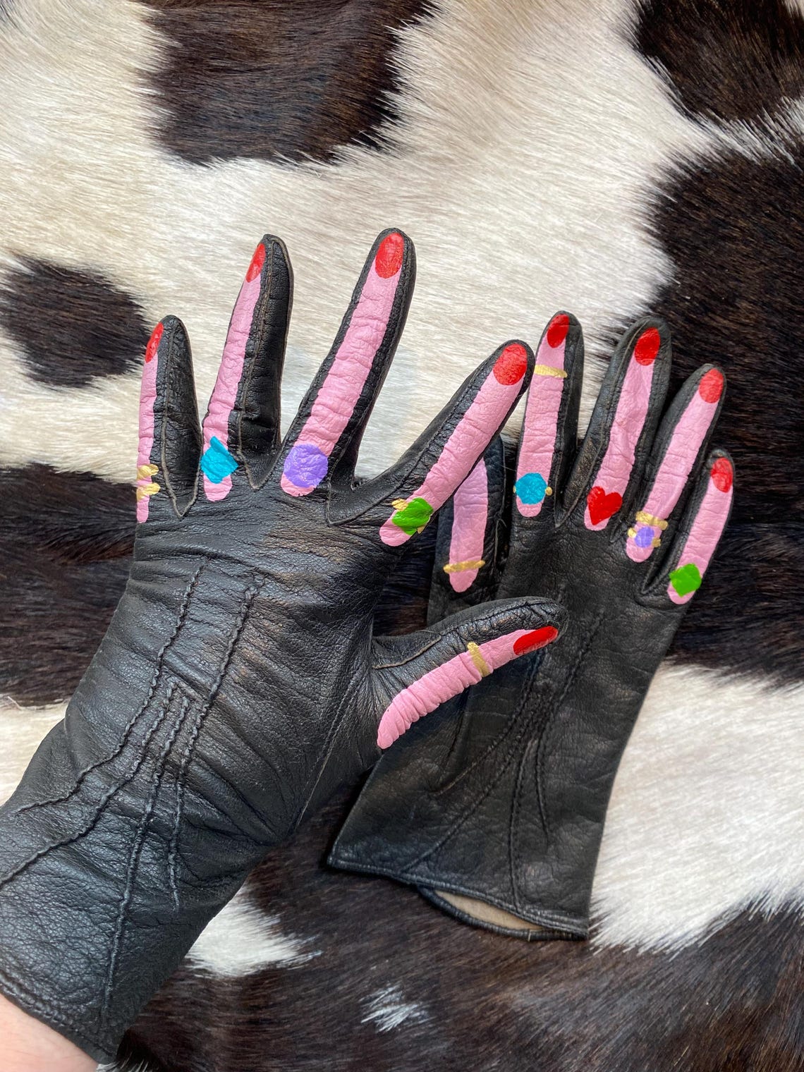Rings on Fingers Hand Painted Real Leather Vintage Gloves - Etsy