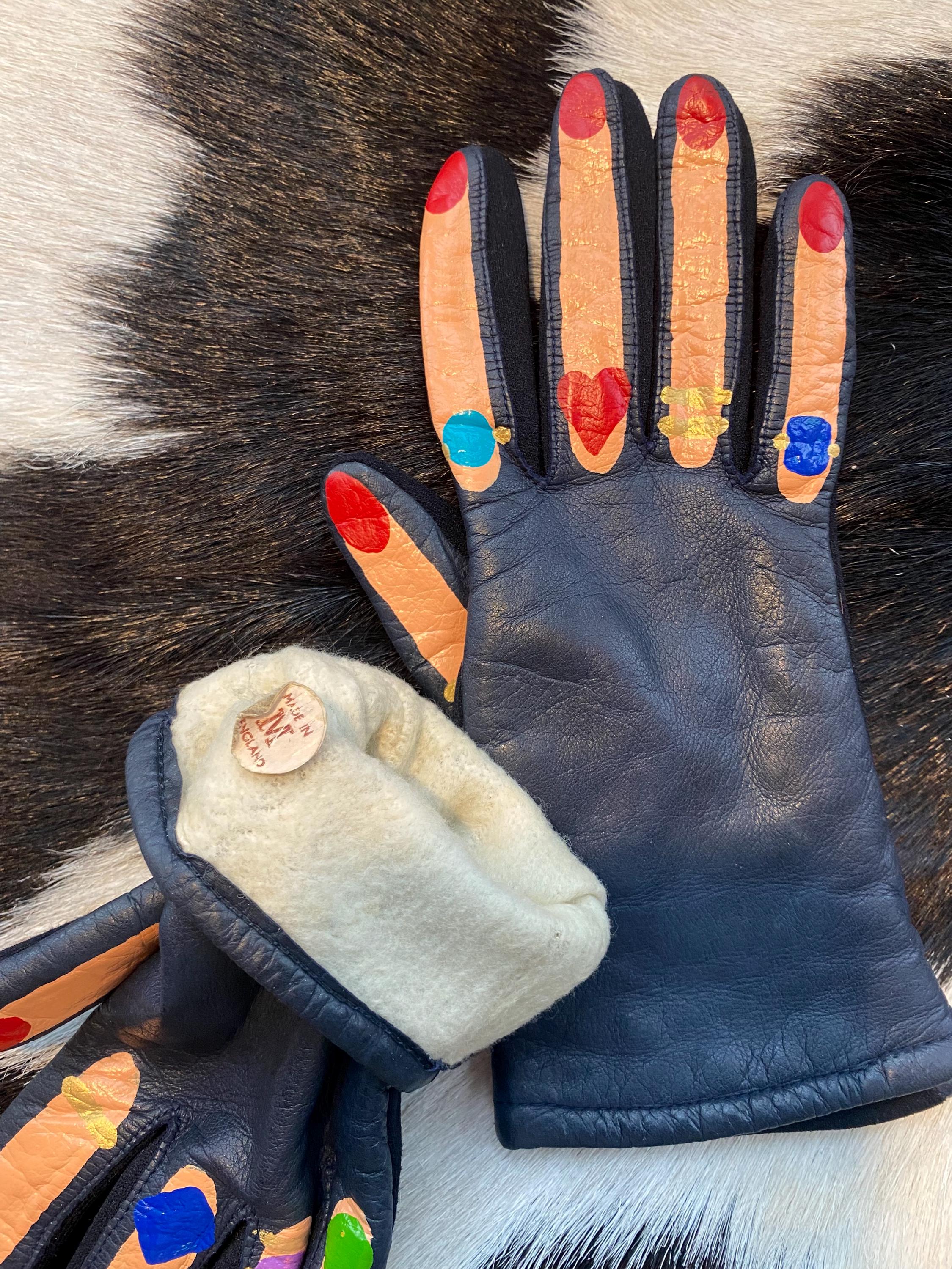 Rings on Fingers Hand Painted Real Leather Vintage Navy Gloves - Etsy
