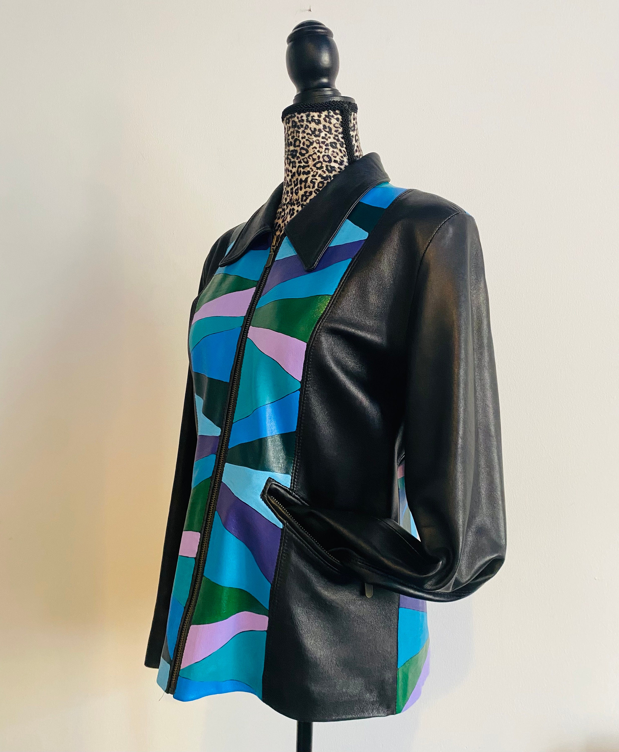 Blue and Green Stain Glass Window Painted Real Leather Jacket - Etsy
