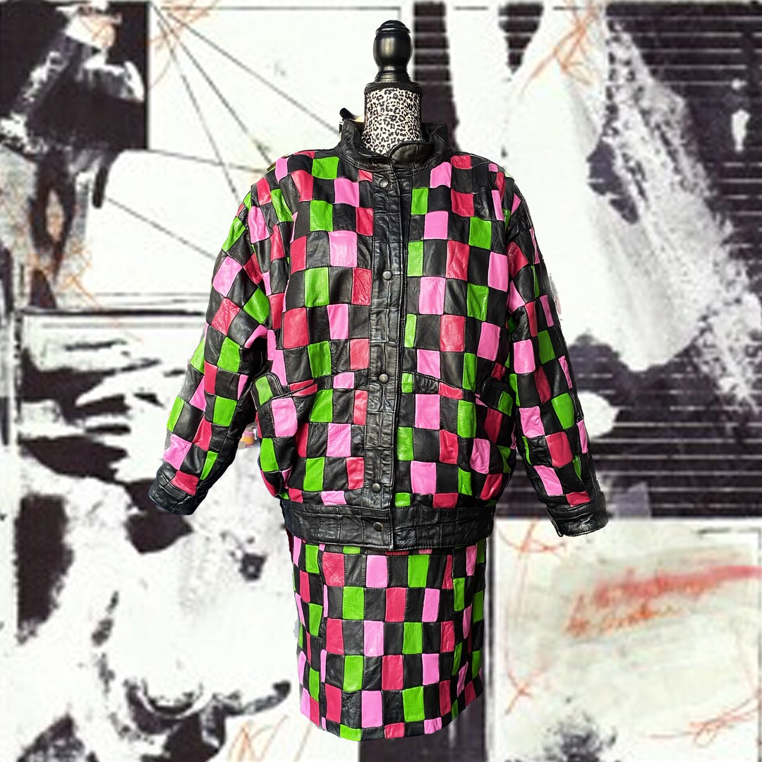 Pink and Green Checkerboard Real Leather 80s Power Suit - Etsy