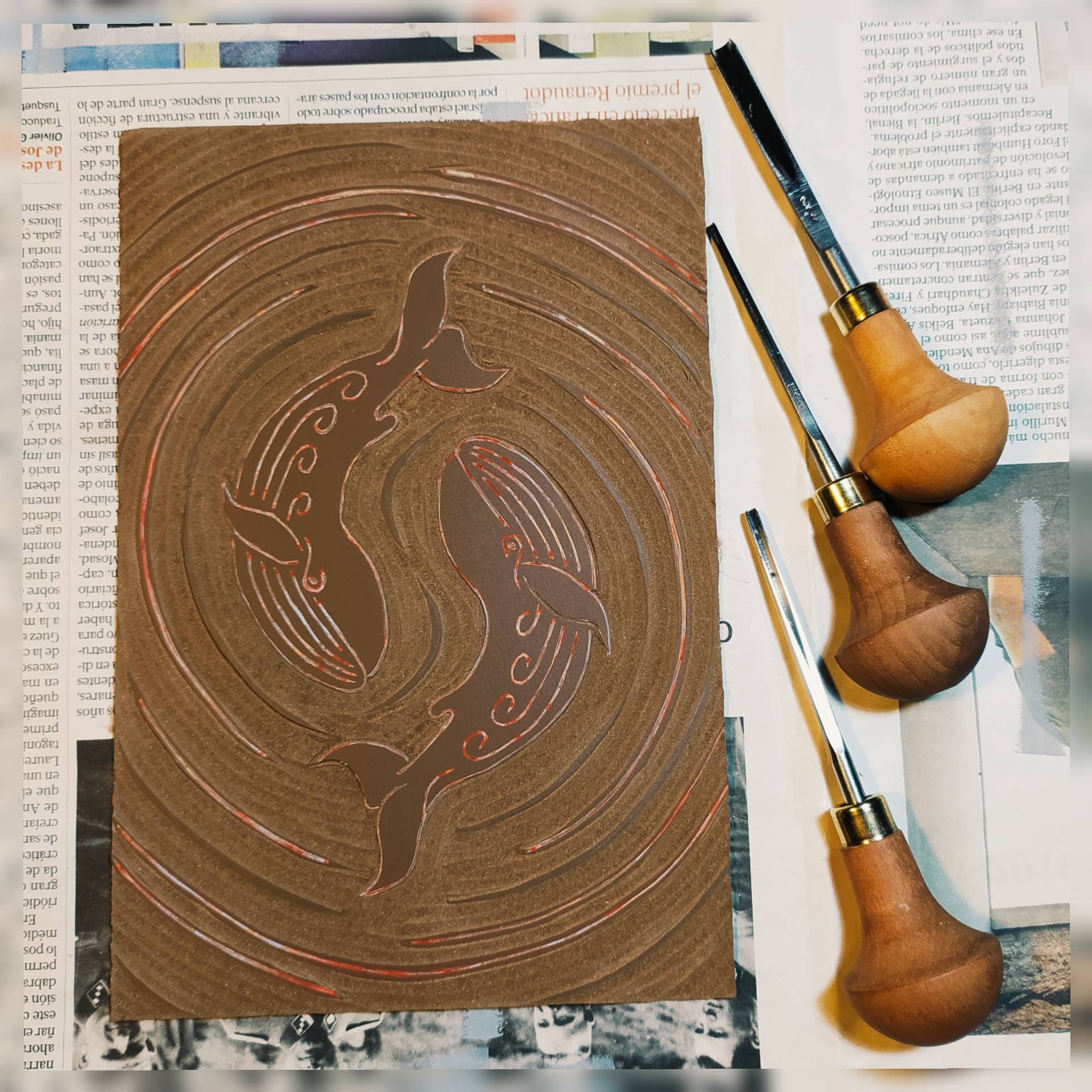 Original Two Color Lino Reduction Print just Two Fish Wall Art Hanging ...