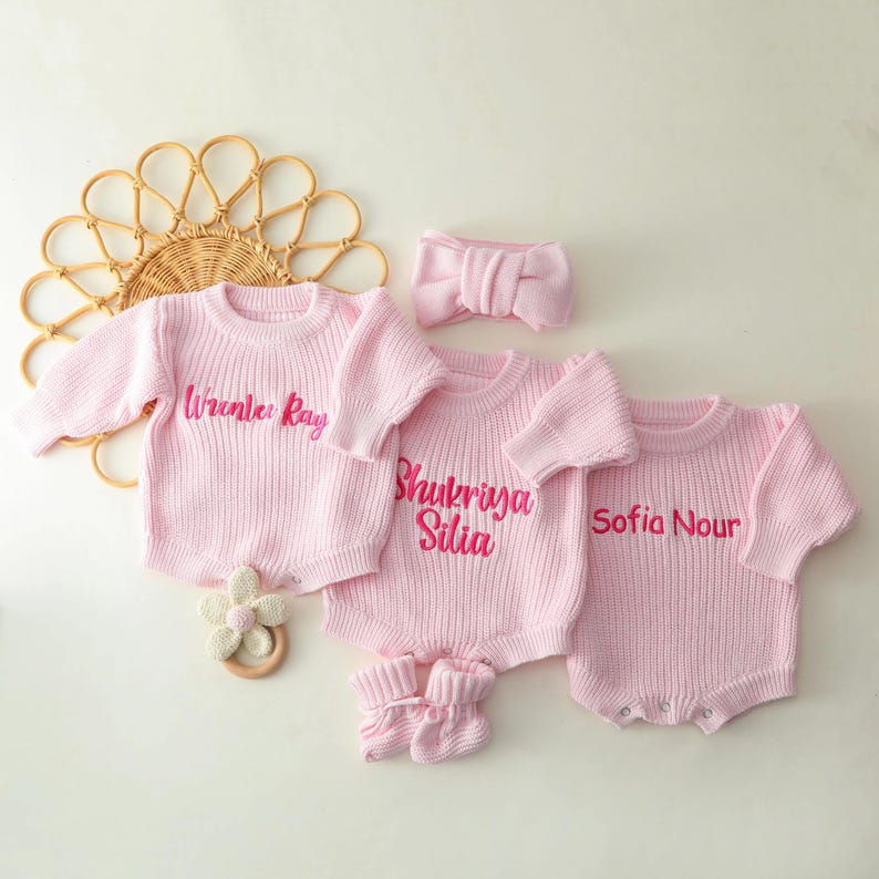 Knit Cotton Baby Romper, Embroidered Name Outfit - Etsy