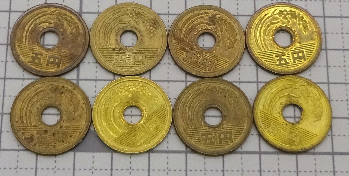50 Real Japanese Coins 5-yen Set of 50 Pc 50 Overhauled, Various Years ...