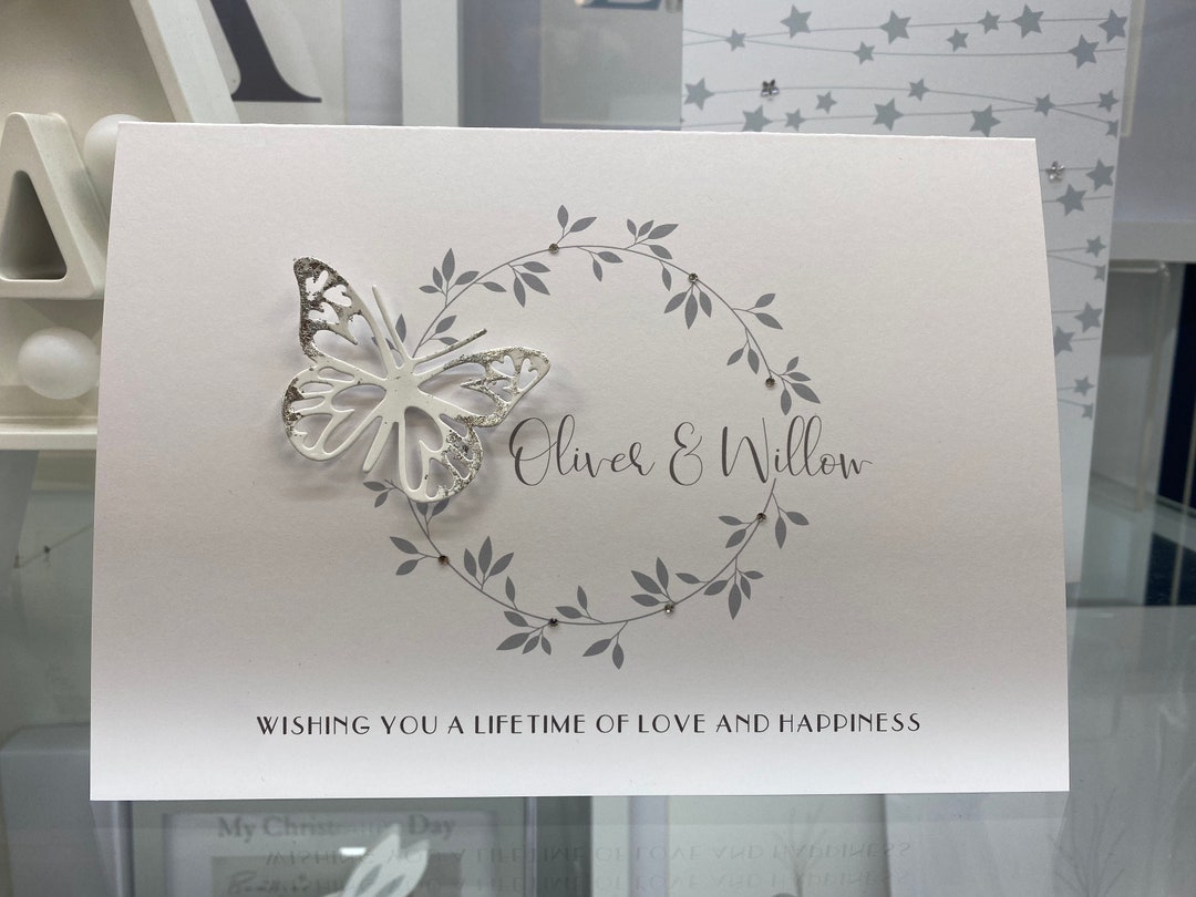 Personalised Wedding Card With Butterfly, Silver Leaf and Gems, Wedding ...
