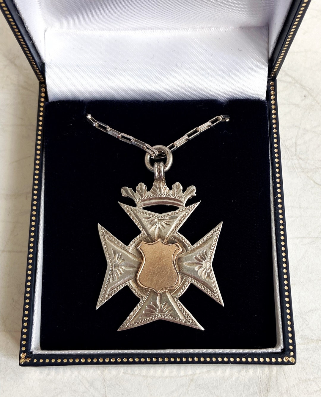 Chester 1907 Silver Watch Fob Medallion Maltese Cross & Crown Rose Gold ...