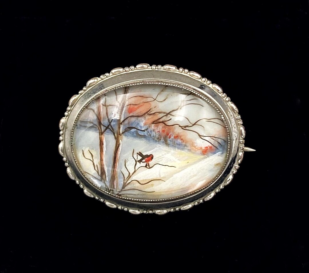 THOMAS MOTT Artist Hand Painted Robin Brooch Bird on Branch Christmas ...