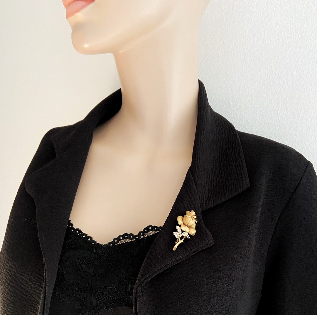 Large Attwood & Sawyer Rose Stem Brooch, 22ct Gold Plate, Swarovski ...