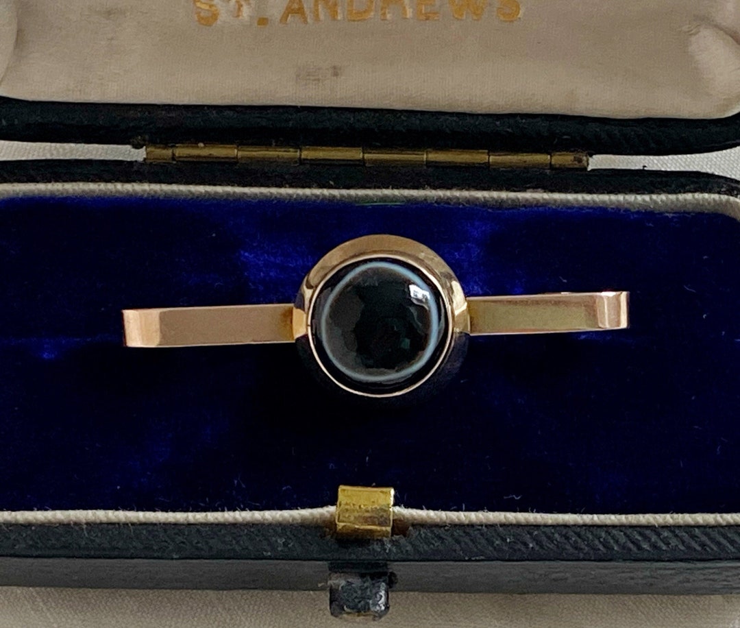 Antique 9ct Gold Bullseye Agate Bar Brooch 3.9g Orbicular Agate 3.8cm ...