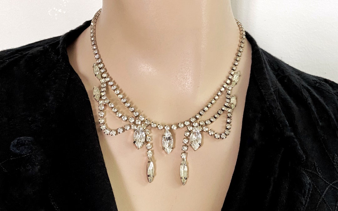 Vintage 1950s Diamanté Festoon Necklace Mid-century Wedding Choker ...