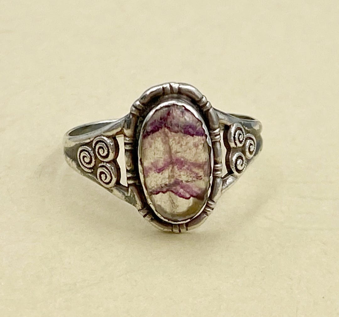 Dainty Vintage Blue John Ring Sterling Silver Oval Chevron Stone ...