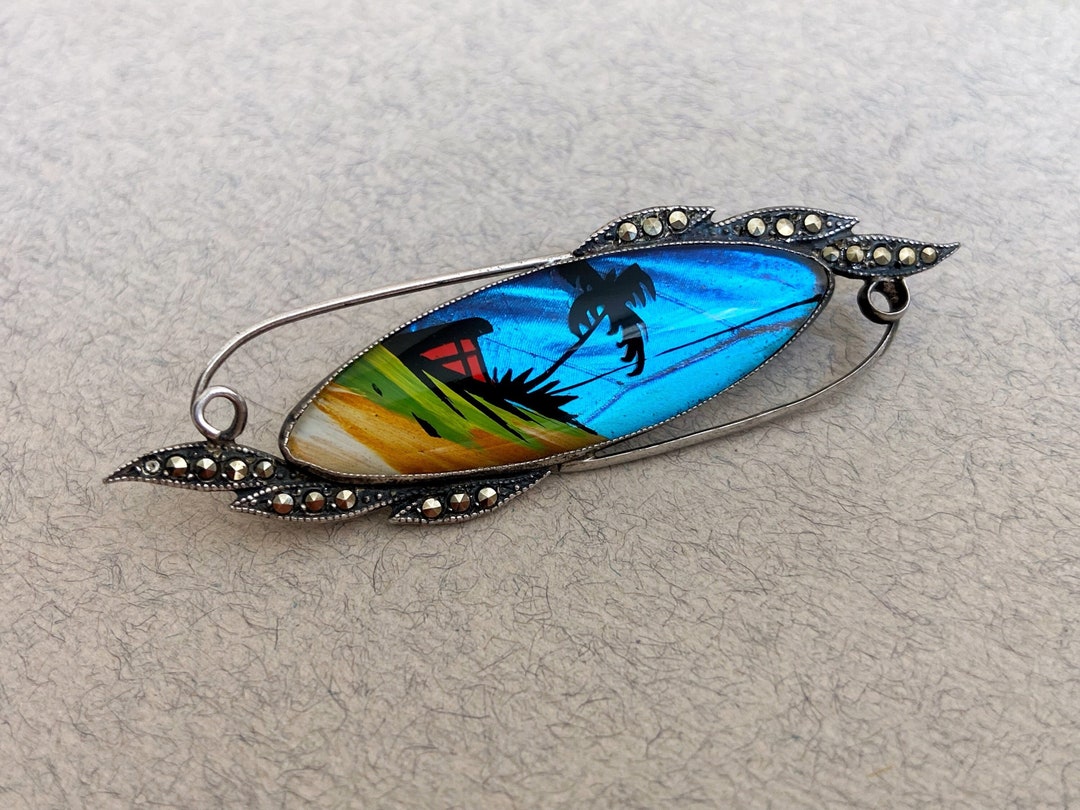 THOMAS MOTT Antique Butterfly Wing & Marcasite Brooch Sterling Silver ...