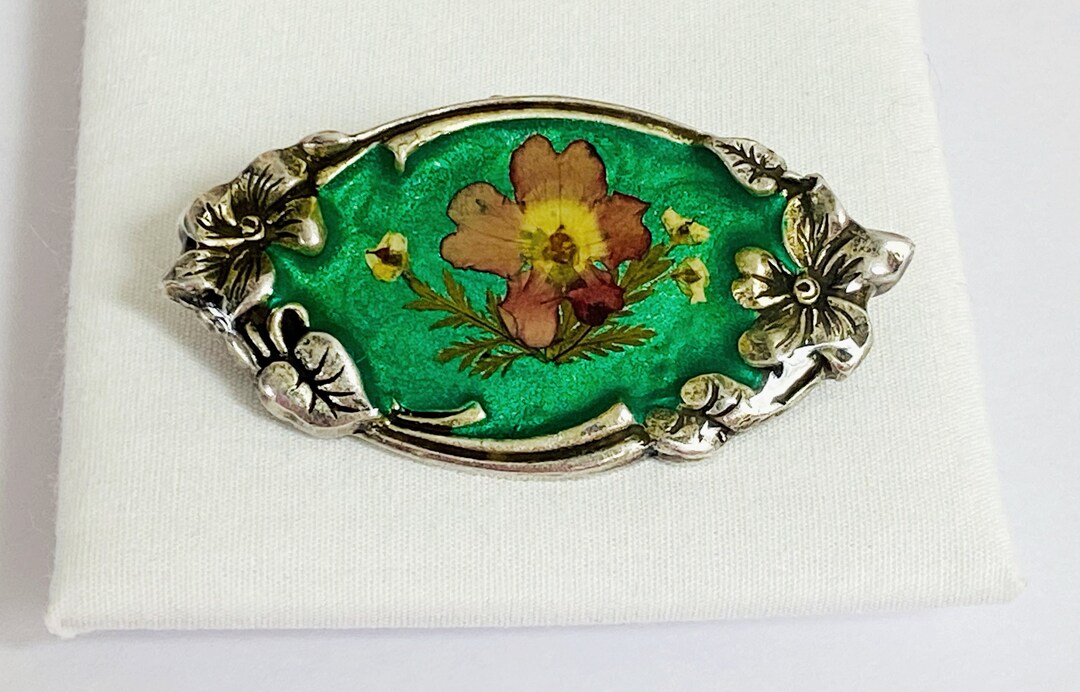 Pierre Bex Style Enamel Brooch, Pressed Flowers, Silver Plated, Art ...
