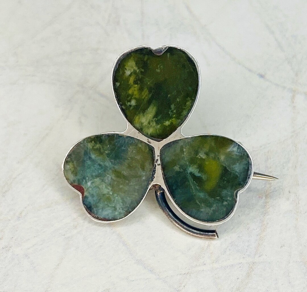 1909 Edwardian Irish Connemara Marble Shamrock Lapel Pin Sterling ...