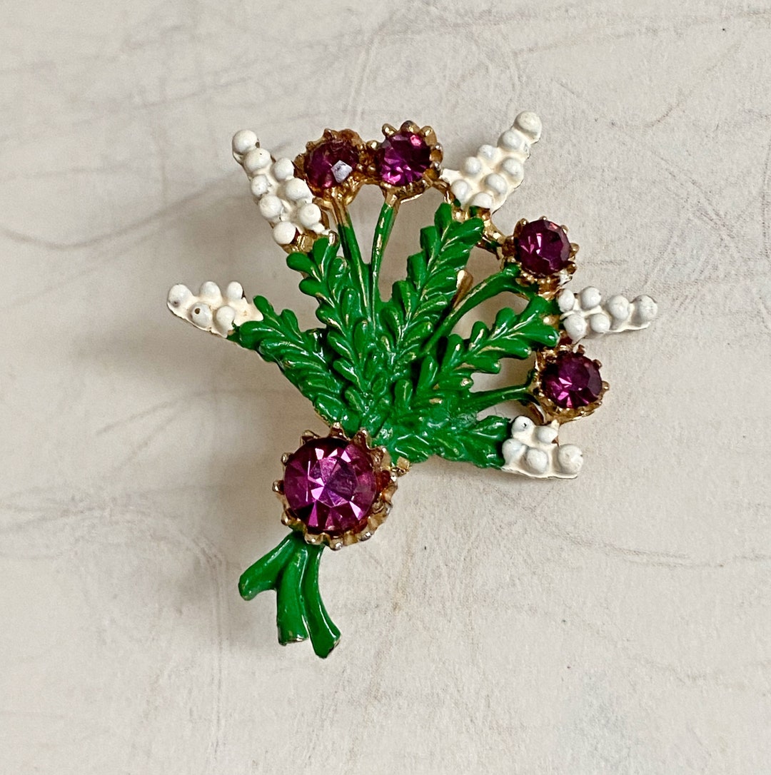 1960s Lucky Scottish Heather Brooch Cold Painted Enamel and Amethyst ...