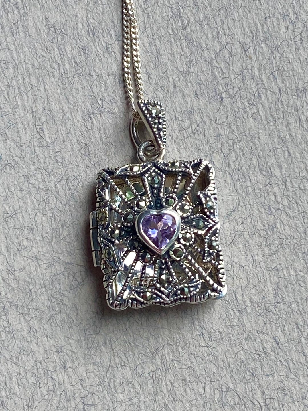 Vintage FAS Sterling Silver Locket - Amethyst Heart and Marcasite ...