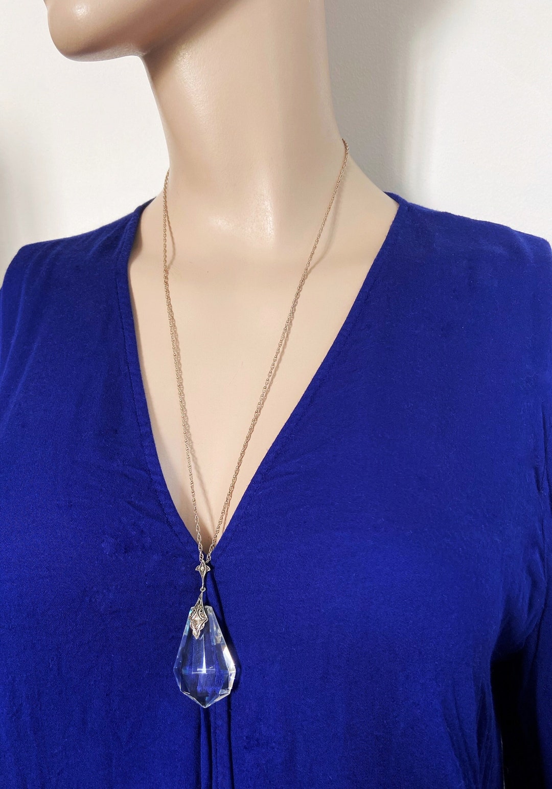 Antique Rock Crystal Long Drop Pendant Solid Silver Marcasite Bail 25in ...