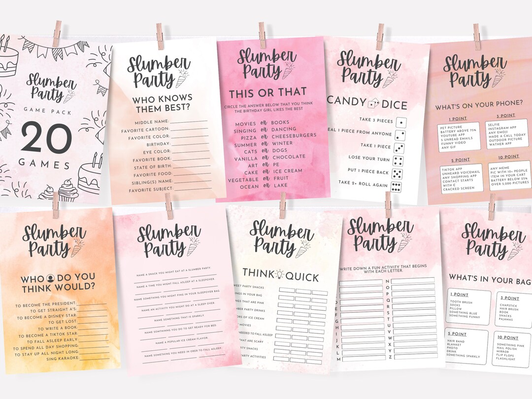 Printable Slumber Party Games Pack Fun Sleepover Activities Birthday