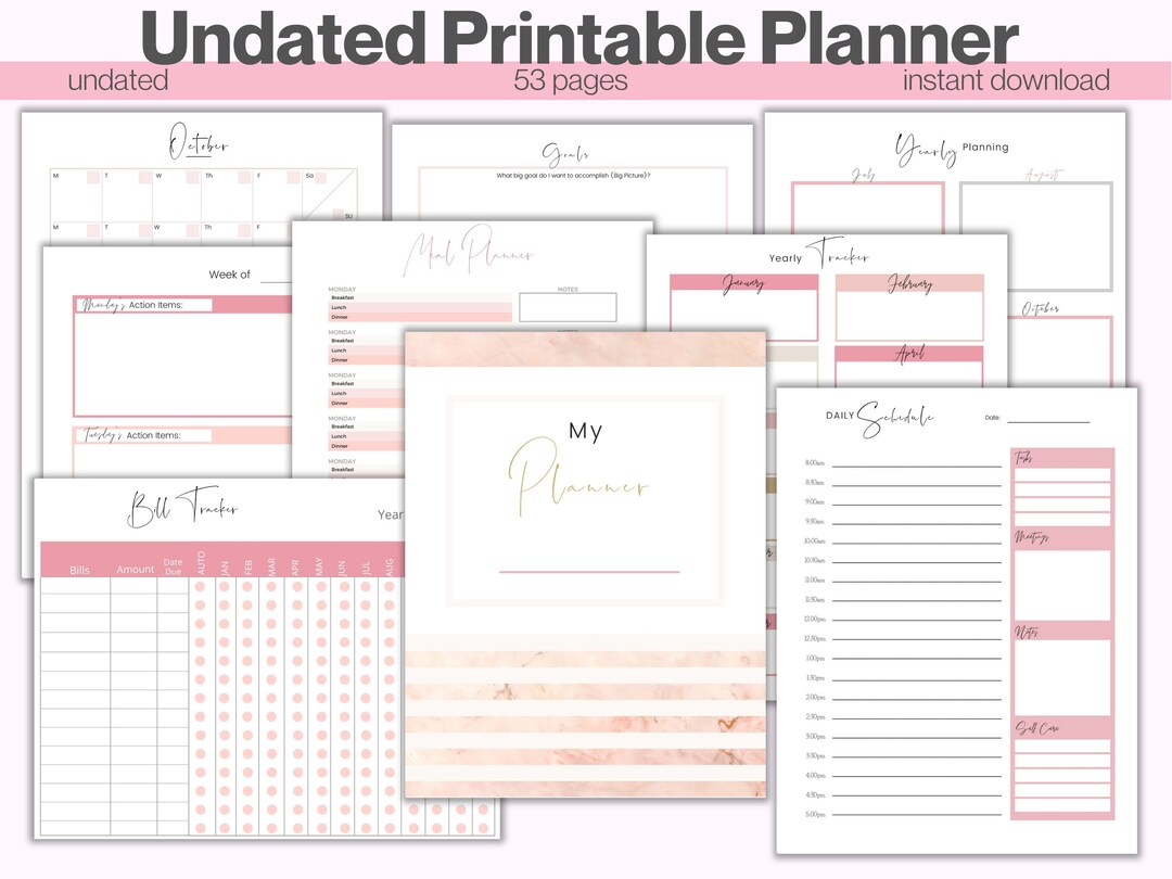Undated Printable Planner, Instant Download PDF, Bill Tracker, Menu ...