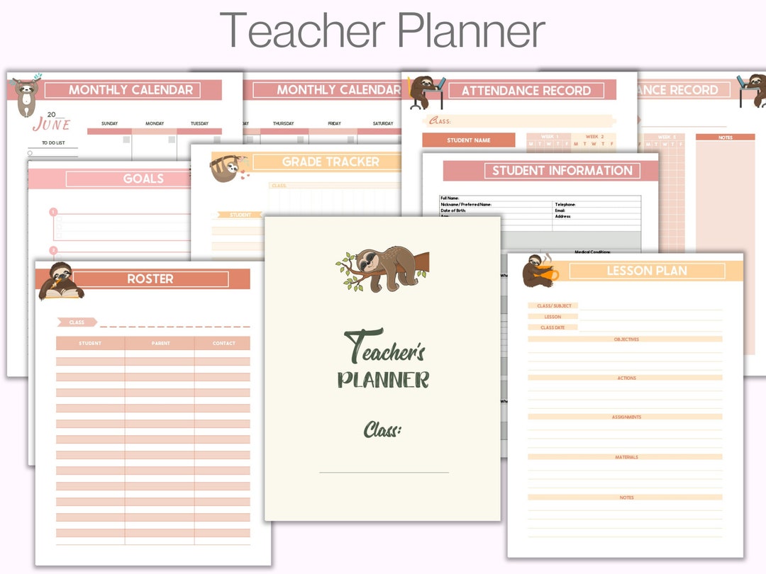 Sloth Printable Teacher Planner and Grade Book, Undated Teacher Planner ...