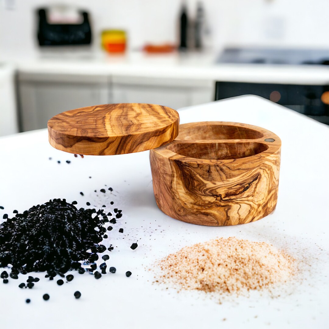Handmade Olive Wood Salt Cellar With Lid | Two-compartment Salt Box ...