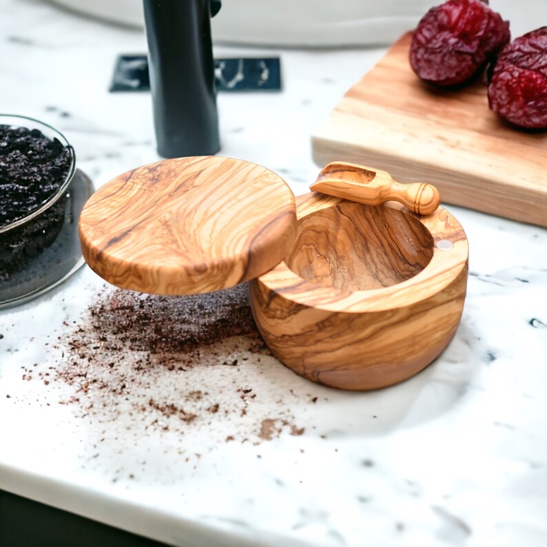 Engraved Olive Wood Salt Holder- Salt Curator - Salt Box - Spice Rack ...