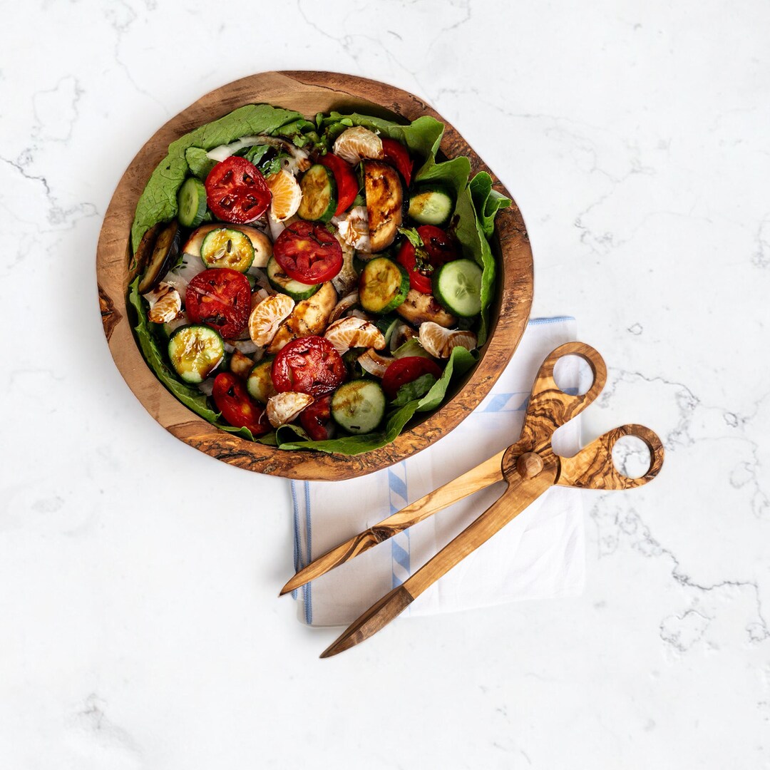 Olive Wood Salad Bowl With Natural Edges and Salad Scissors - Elegant ...