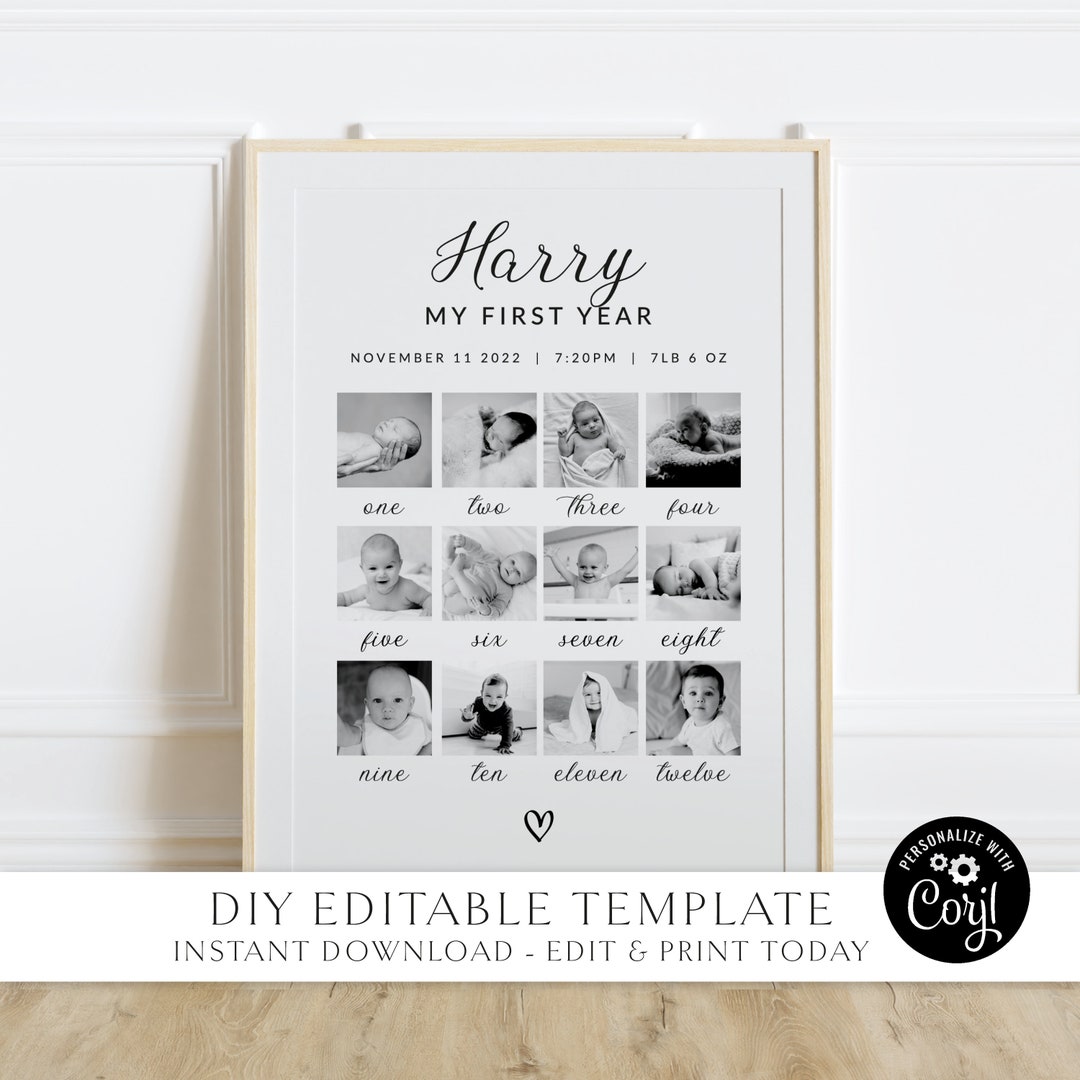 Printable Baby's First Year Poster Template, Modern 1st Birthday Photo ...
