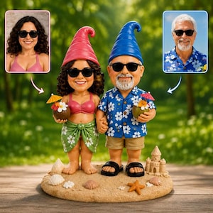 Custom Garden Gnome Couple Bobblehead Personalized Hawaiian Beach Gnome ...