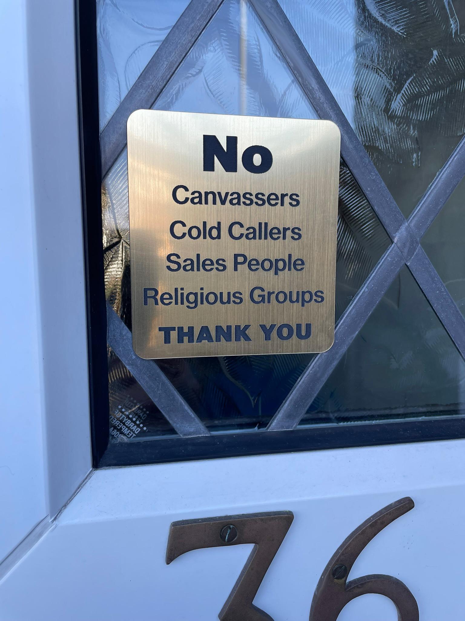 No Cold Callers Sign – Self‑adhesive Front Door Plaque – Brushed Gold ...