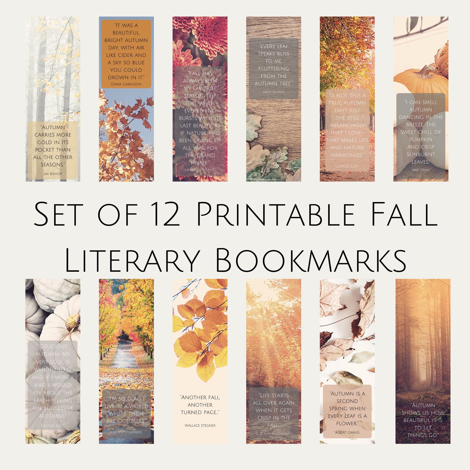 Printable Fall Bookmarks Set of 12 Autumn Bookmarks Literary - Etsy
