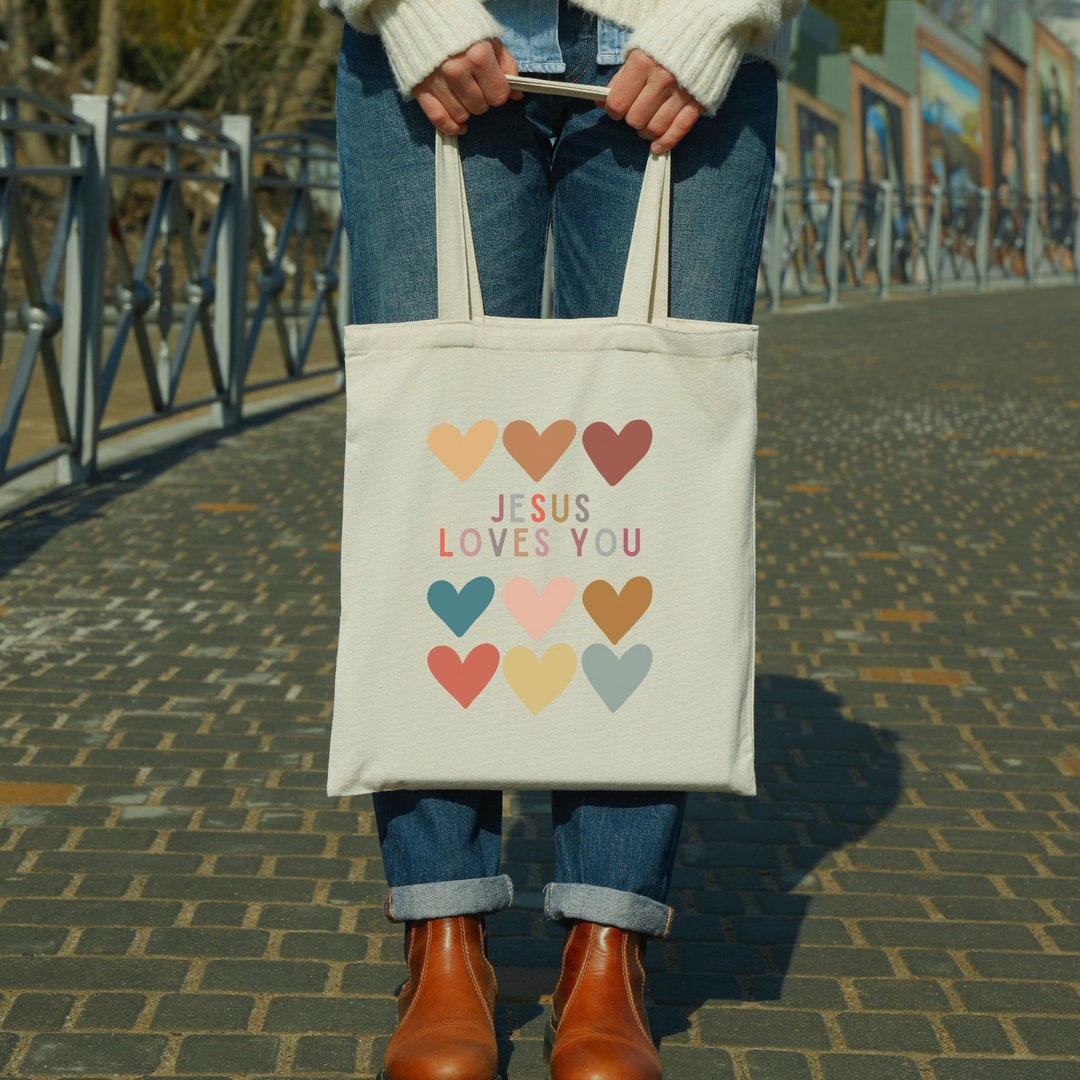 Jesus Loves You, Christian Tote Bag, Boho Hearts Cotton Canvas Shopping ...
