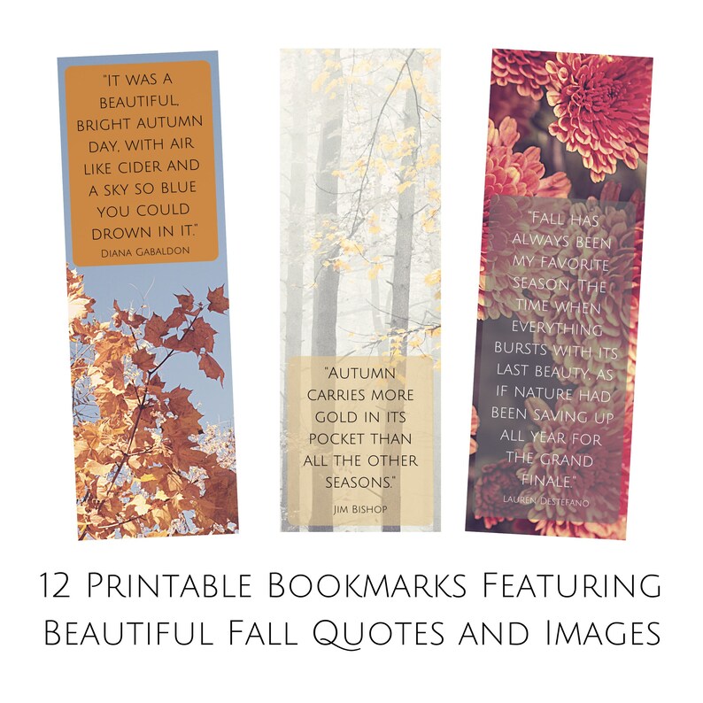 Printable Fall Bookmarks Set of 12 Autumn Bookmarks Literary - Etsy