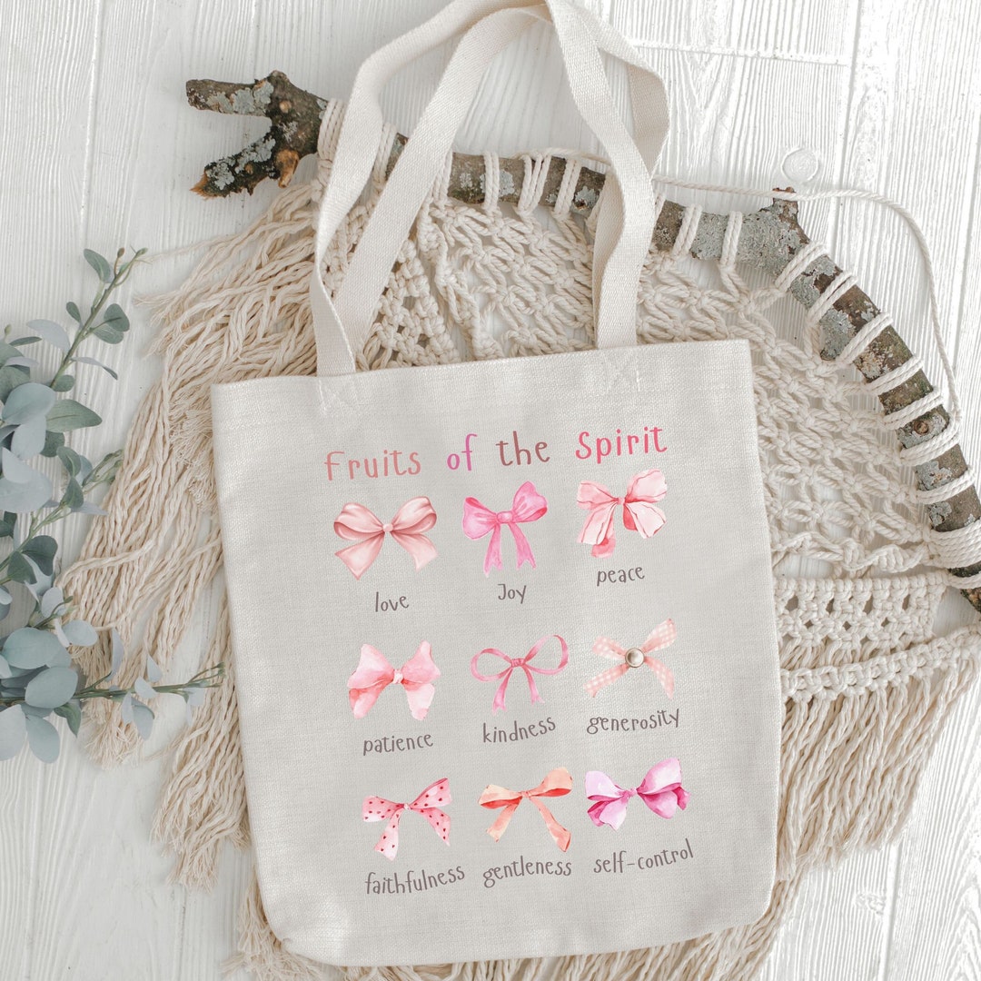 Fruit of the Spirit Christian Tote Bag, Pink Bows Canvas Tote, Coquette Accessories for Her ...