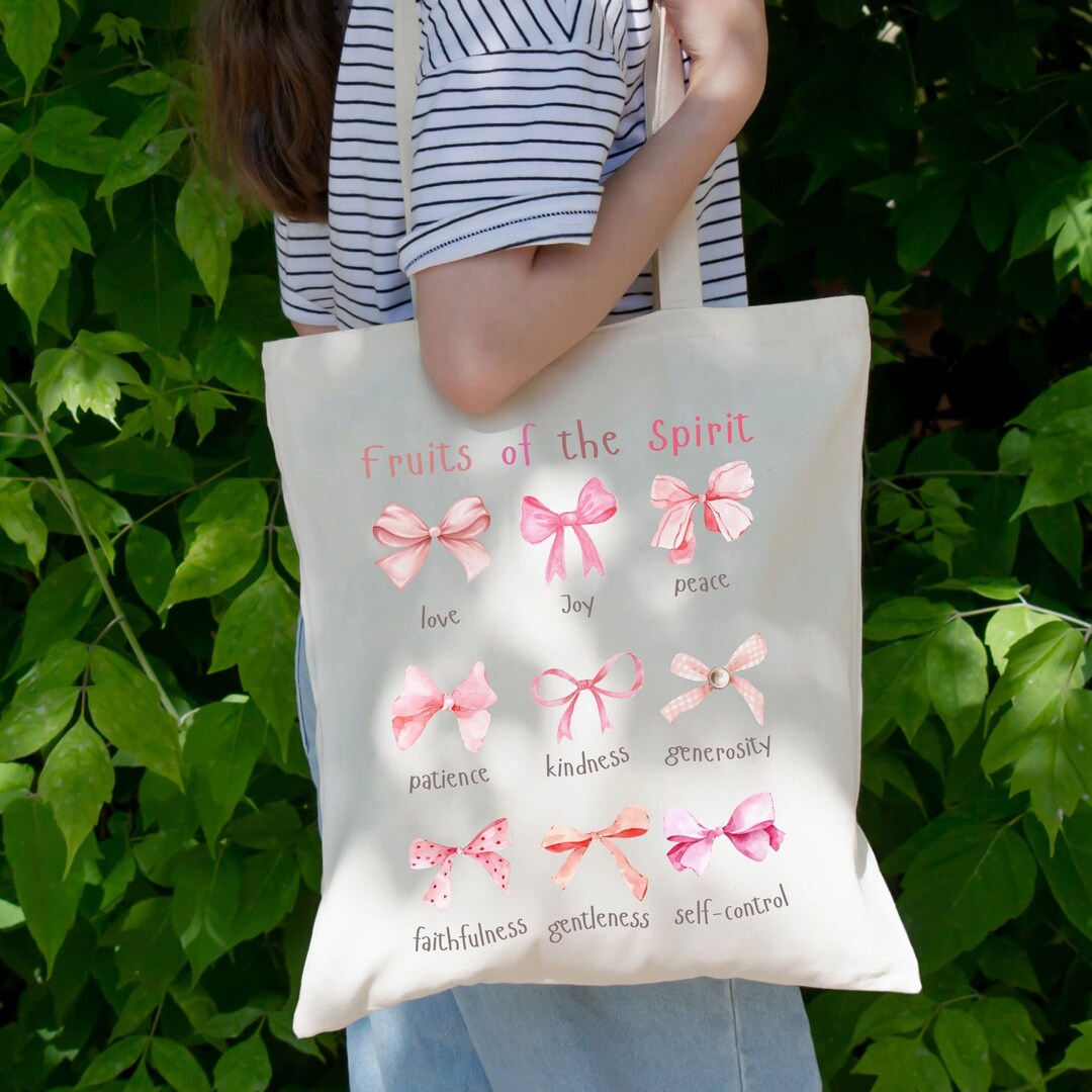 Fruit of the Spirit Christian Tote Bag, Pink Bows Canvas Tote, Coquette Accessories for Her ...