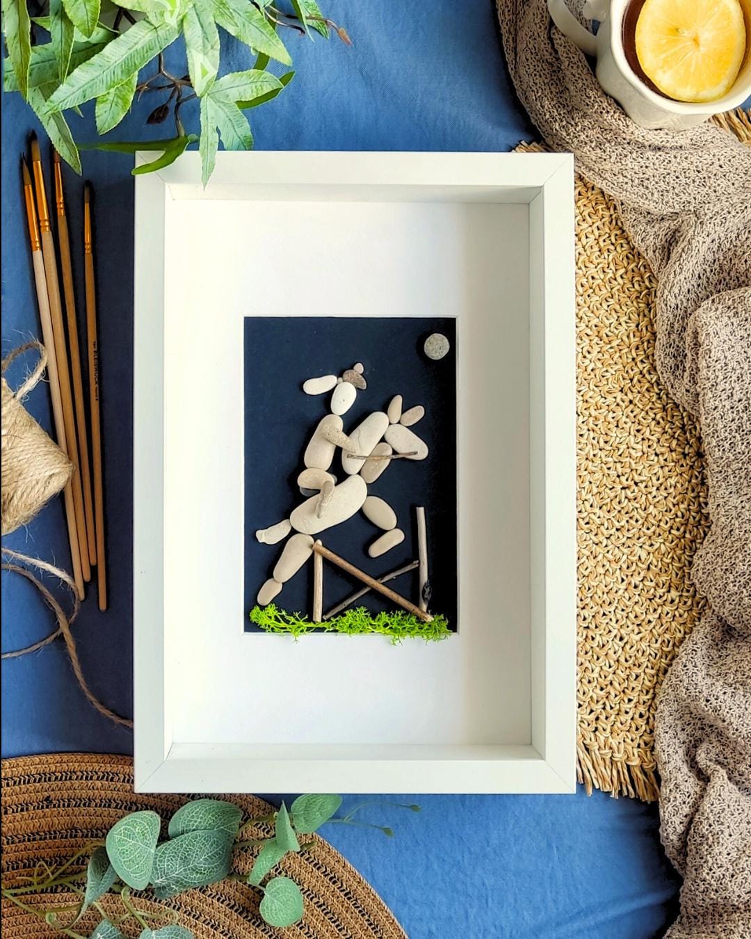 Pebble Art A Woman on a Horse Jumping Over an Obstacle, a Gift for a ...