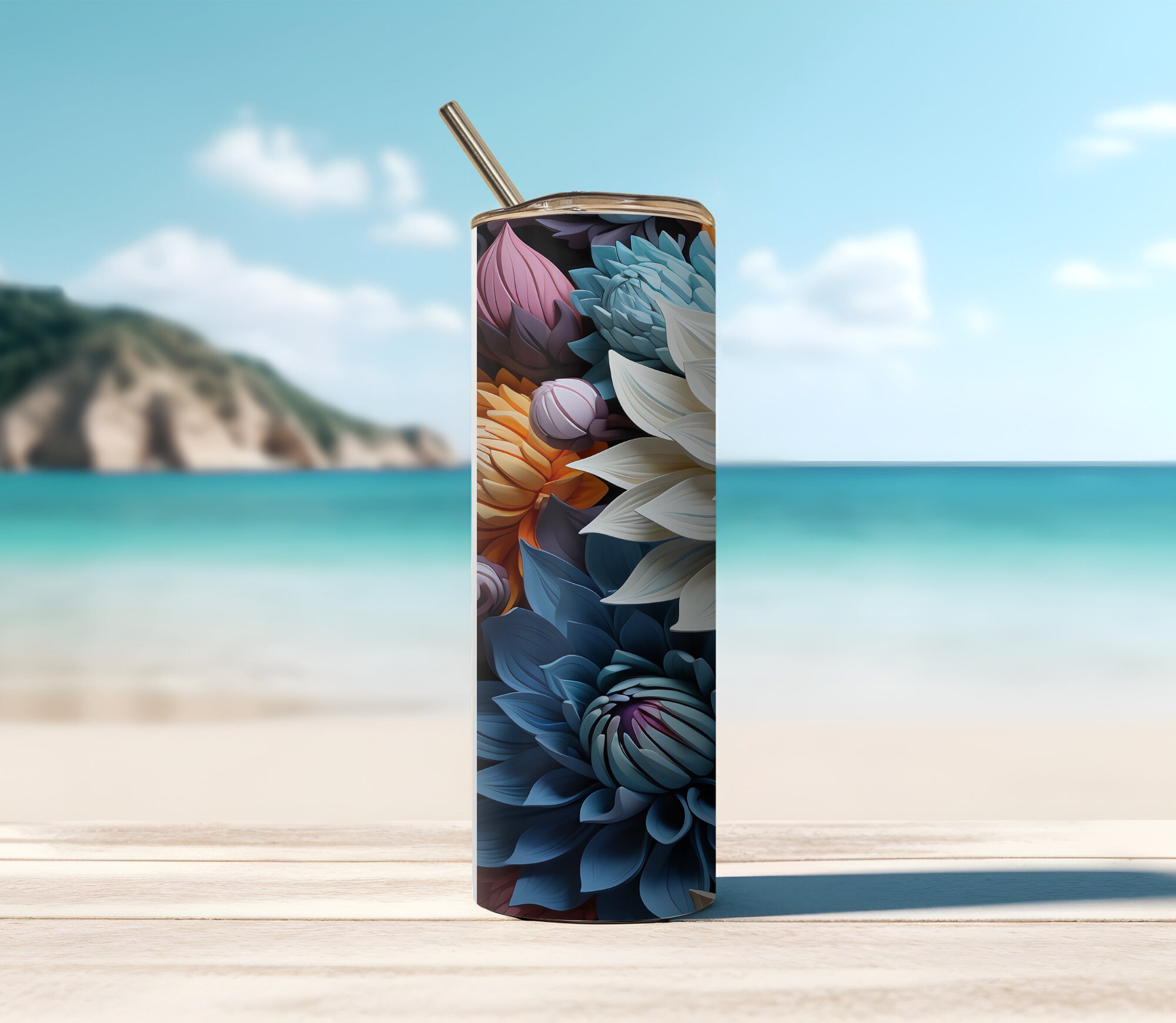 3D Floral Design Tumbler Skinny Straight 20oz 3D Travel Mug With ...