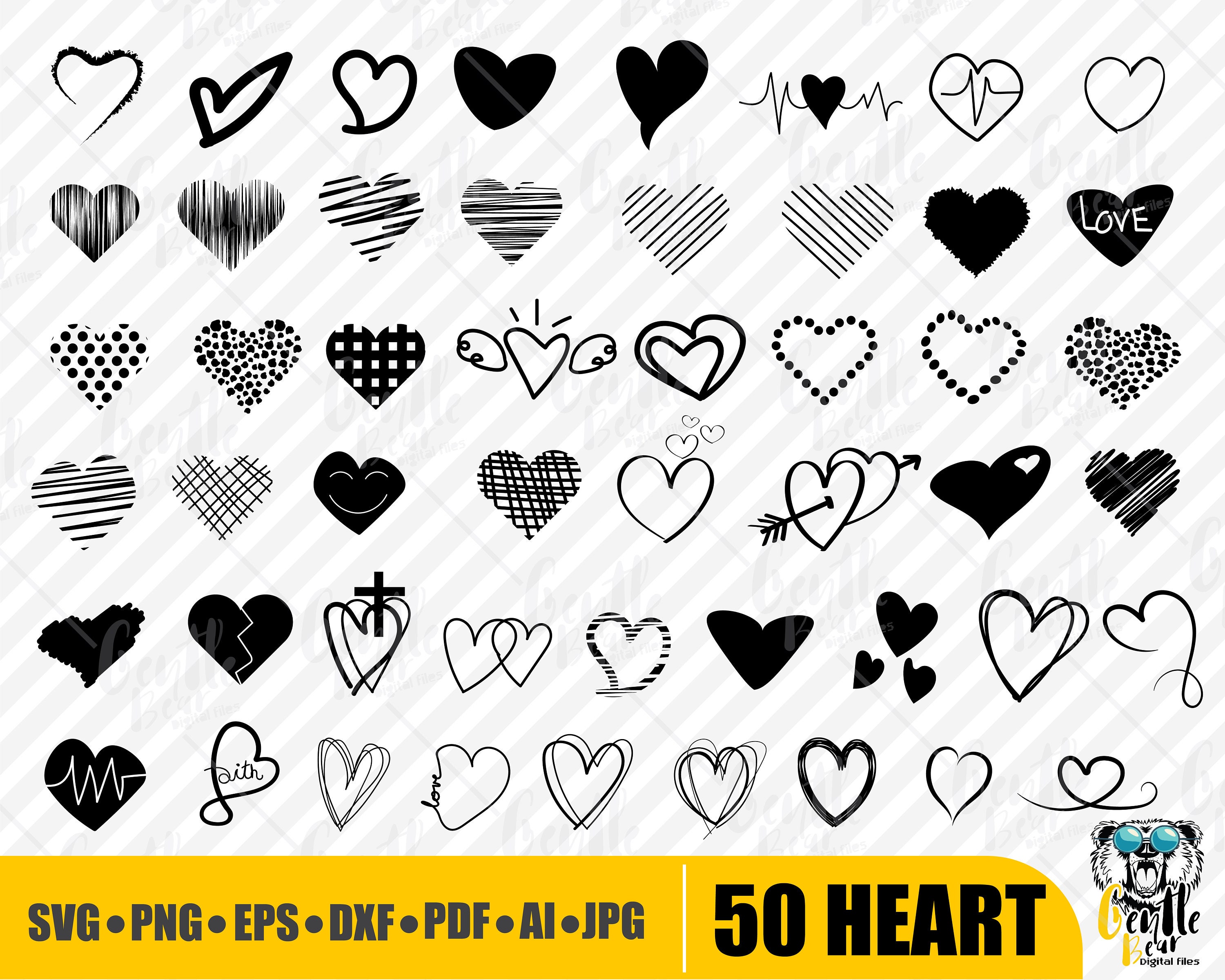 Corazón dibujado a mano SVG, Corazón SVG, Paquete de 50 corazones ...