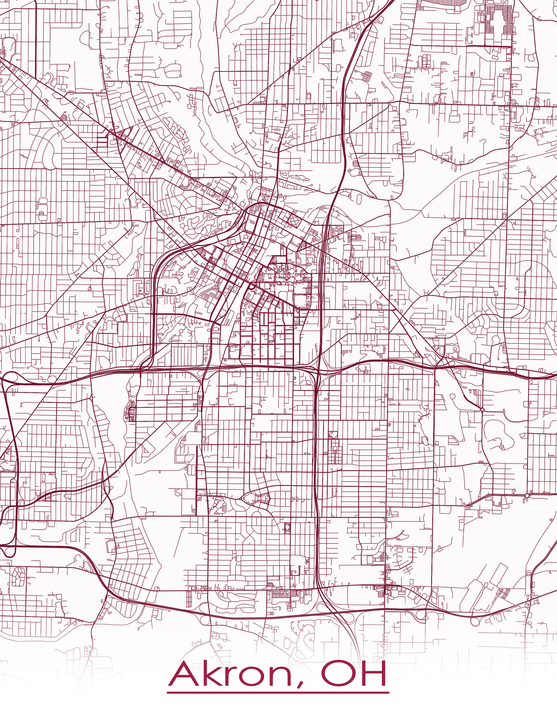 Colored Map of Akron OH and all its Roads | Etsy