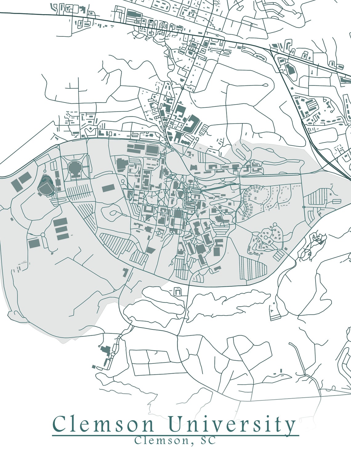 Colored Map of Clemson University and All Its Roads - Etsy