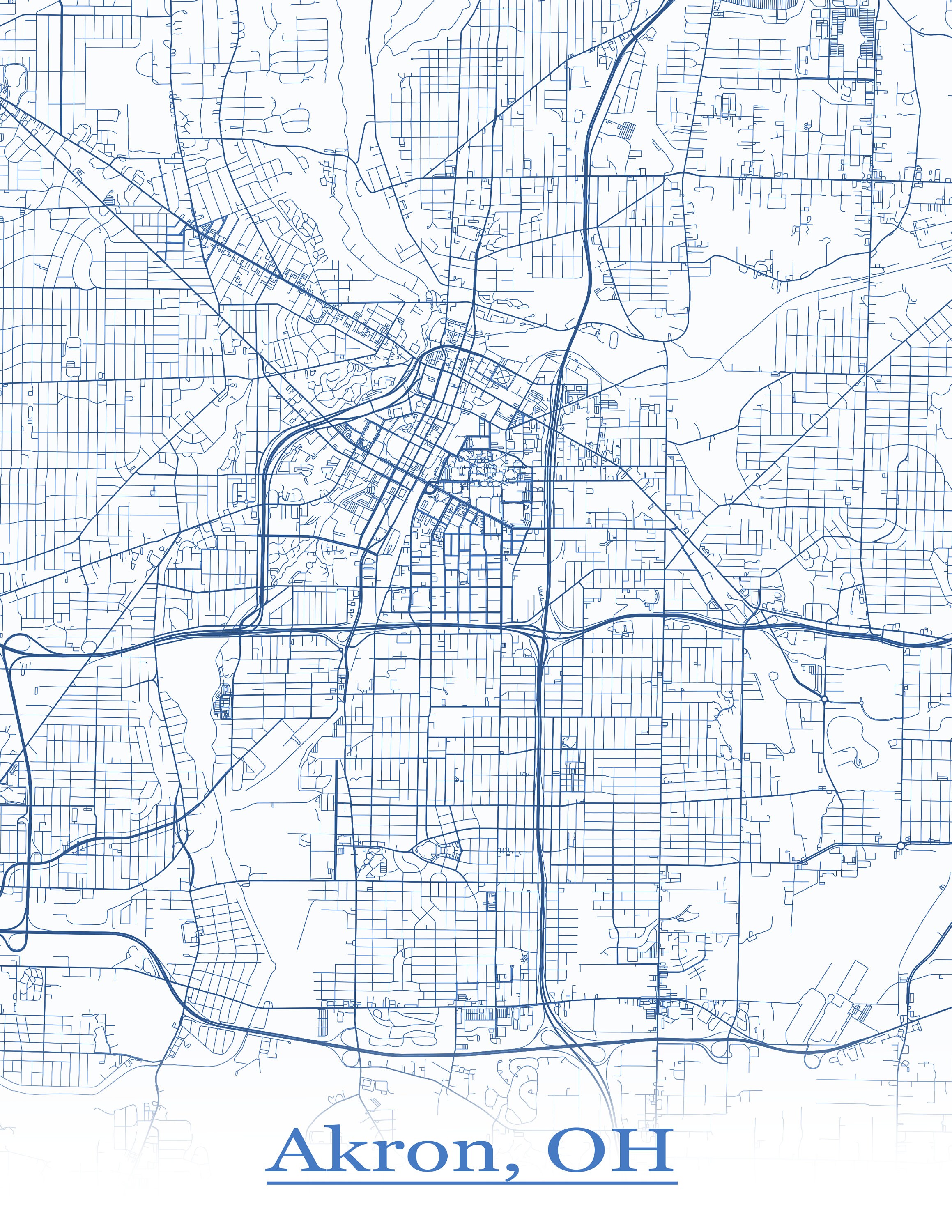 Colored Map of Akron OH and all its Roads | Etsy